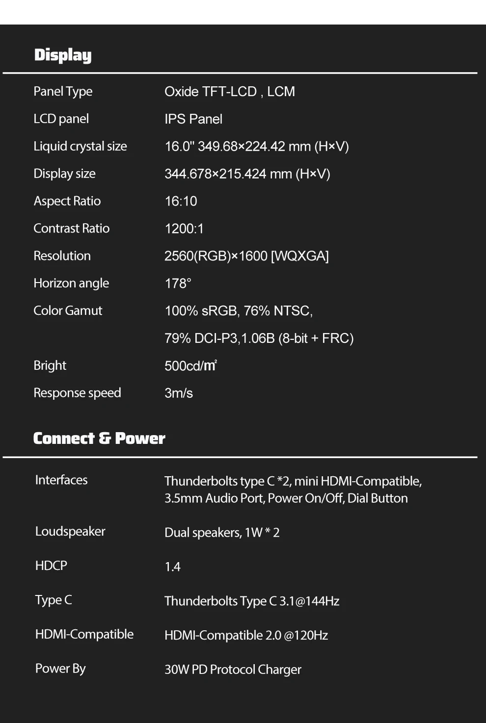 Buy ZEUSLAP P16K Monitor 2560*1600 16" 2.5K 144hz Portable Monitor 16: ...