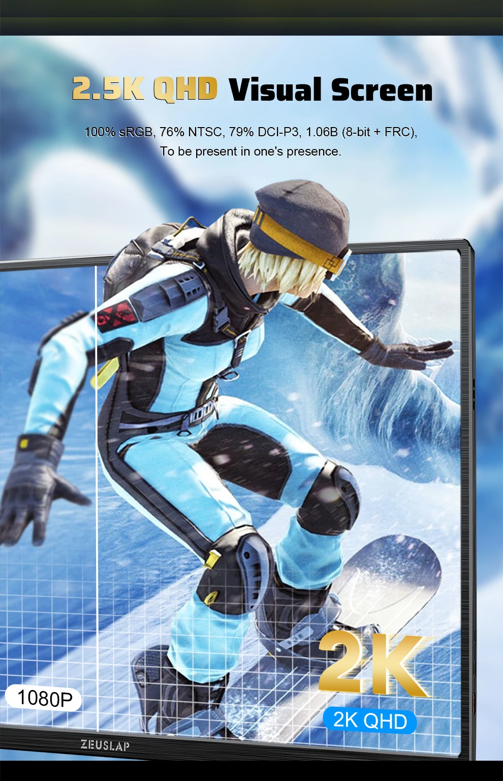 Buy ZEUSLAP P16K Monitor 2560*1600 16" 2.5K 144hz Portable Monitor 16: ...